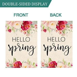 Tosewever Hello Spring Flower Garden Flag 12.5x18 Inch Spring Summer Vertical Double Sided Floral Decor Burlap Yard Flag for Seasonal Holiday Outdoor Farmhouse Decorations (12.5x18 inch)