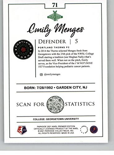 2021 Parkside NWSL Premier Edition #71 Emily Menges Portland Thorns Official National Women's Soccer League Trading Card in Raw (NM or Better) Condition