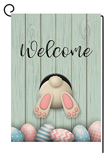 Welcome Spring Easter Bunny Small Garden Flag Egg Vertical Double Sided Burlap Yard Outdoor Decor 12.5 x 18 Inches (126019)