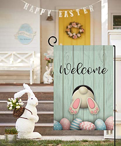 Welcome Spring Easter Bunny Small Garden Flag Egg Vertical Double Sided Burlap Yard Outdoor Decor 12.5 x 18 Inches (126019)