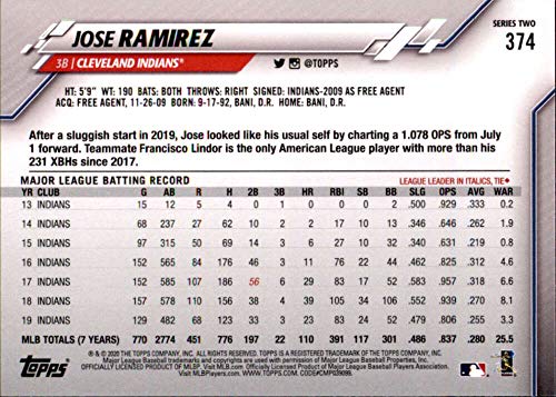 2020 Topps #374 Jose Ramirez NM-MT Cleveland Indians Baseball