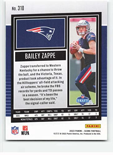 2022 Score #310 Bailey Zappe NM-MT RC Rookie New England Patriots Football NFL