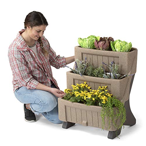 Simplay3 American Home™ 3-Level Multi Tiered Planter – Larger Planter Boxes for Indoor and Outdoor Garden Beds, Natural Stone Color, Made in USA