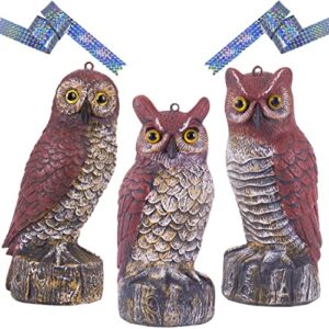 taibest 3 pack fake horned owl statue for outdoor use,plastic owl with reflective tape for outdoor garden yard decoration