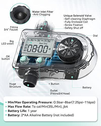 RAINPOINT Sprinkler Timer, Hose Timer with 3 Individual Programs, Water Timer for Garden Hose Faucet, Programmable Automatic/Manual Irrigation System, for Specific Days or Daily Outdoor Lawn Watering