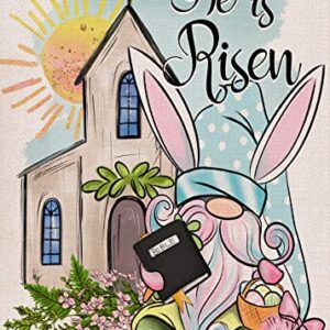 Covido Home Decorative He is Risen Religious Church Bunny Gnome Easter Garden Flag, House Yard Polka Dots Eggs Hyacinth Flowers Outside Decoration, Spring Floral Outdoor Small Decor Double Sided 12x18