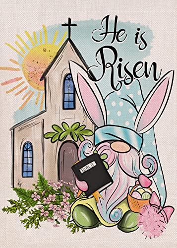 Covido Home Decorative He is Risen Religious Church Bunny Gnome Easter Garden Flag, House Yard Polka Dots Eggs Hyacinth Flowers Outside Decoration, Spring Floral Outdoor Small Decor Double Sided 12x18