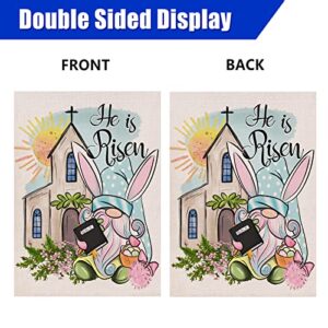 Covido Home Decorative He is Risen Religious Church Bunny Gnome Easter Garden Flag, House Yard Polka Dots Eggs Hyacinth Flowers Outside Decoration, Spring Floral Outdoor Small Decor Double Sided 12x18