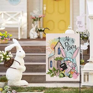 Covido Home Decorative He is Risen Religious Church Bunny Gnome Easter Garden Flag, House Yard Polka Dots Eggs Hyacinth Flowers Outside Decoration, Spring Floral Outdoor Small Decor Double Sided 12x18