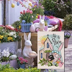 Covido Home Decorative He is Risen Religious Church Bunny Gnome Easter Garden Flag, House Yard Polka Dots Eggs Hyacinth Flowers Outside Decoration, Spring Floral Outdoor Small Decor Double Sided 12x18