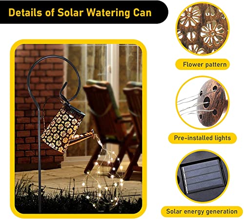 Solar Lights Outdoor Waterproof, Solar Watering Can Lights Garden Decor, Retro Metal Hanging Solar Lantern with String Lights, Outdoor Decorations for Porch Lawn Driveway Backyard Pathway（2 Pack）