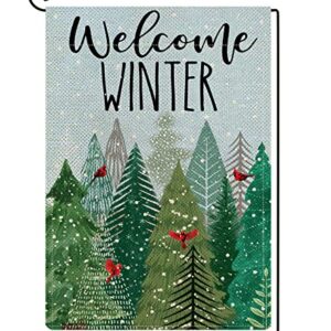 ORTIGIA Welcome Winter Pines Tree Garden Flag Christmas Tree Burlap Vertical Double Sided Winter Forest Cardinal Red Bird Yard Flag for Outside Xmas Farmhouse Seasonal Outdoor Flag 12x18 Inch