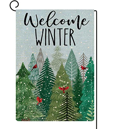 ORTIGIA Welcome Winter Pines Tree Garden Flag Christmas Tree Burlap Vertical Double Sided Winter Forest Cardinal Red Bird Yard Flag for Outside Xmas Farmhouse Seasonal Outdoor Flag 12x18 Inch