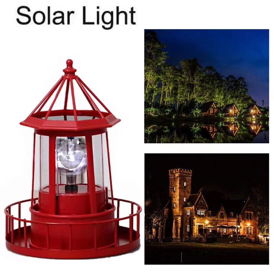 LED Solar Powered Lighthouse, 360 Degree Rotating Lamp Courtyard Decoration Waterproof Garden Smoke Towers Statue Lights for Outdoor Patio Garden Pathway