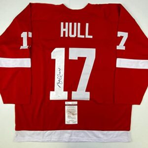 autographed/signed brett hull detroit red hockey jersey jsa coa