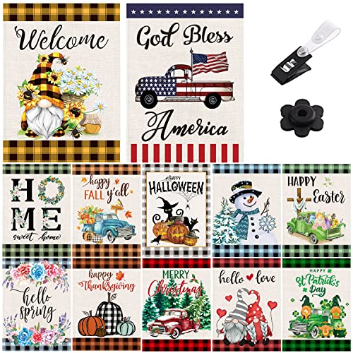 Seasonal Garden Flags Set Set of 12 Double Sided 12x18 Inch 4th of July Garden Flags Holiday Yard Flags, Summer Welcome Garden Flags Small Yard Flags for All Seasonal for Outside Home Decorations