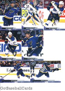 2022-23 upper deck series 1 hockey st. louis blues team set of 7 cards: ivan barbashev(#155), jordan binnington(#156), pavel buchnevich(#157), justin faulk(#158), jordan kyrou(#159), colton parayko(#160), brandon saad(#161) – gotbaseballcards