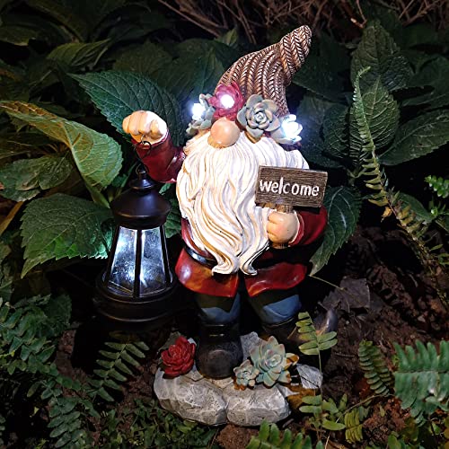 Vofuly Gnome Garden Decoration with Solar Lights, Garden Sculpture Yard Statue ,Lawn Ornament with Lantern for Outdoor Garden Patio 13inch, Gift for Yard Decoration