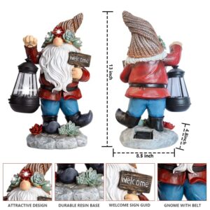 Vofuly Gnome Garden Decoration with Solar Lights, Garden Sculpture Yard Statue ,Lawn Ornament with Lantern for Outdoor Garden Patio 13inch, Gift for Yard Decoration