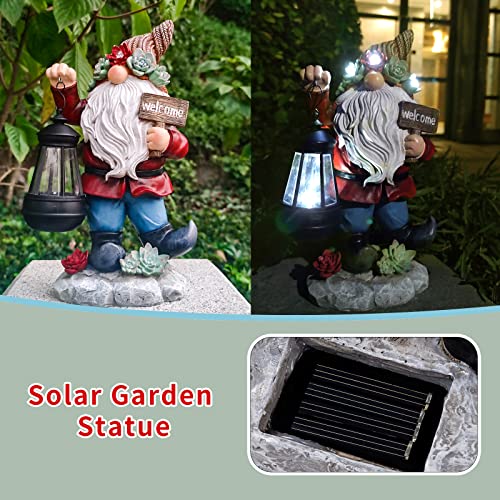 Vofuly Gnome Garden Decoration with Solar Lights, Garden Sculpture Yard Statue ,Lawn Ornament with Lantern for Outdoor Garden Patio 13inch, Gift for Yard Decoration