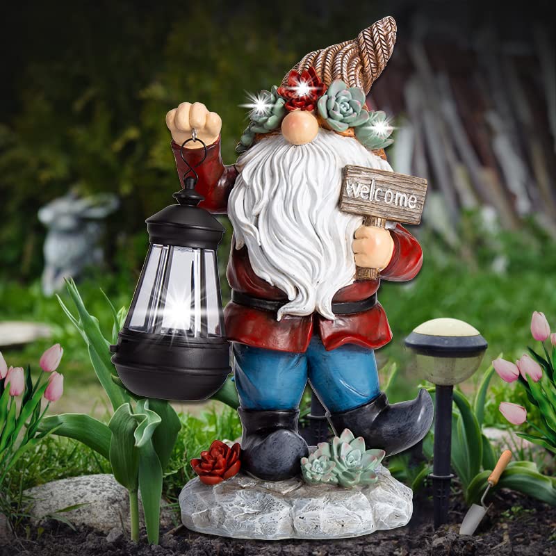 Vofuly Gnome Garden Decoration with Solar Lights, Garden Sculpture Yard Statue ,Lawn Ornament with Lantern for Outdoor Garden Patio 13inch, Gift for Yard Decoration