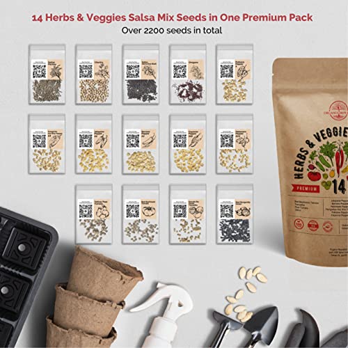 14 Herb, Tomato & Chili Pepper Gardening Seeds Salsa Variety Pack for Planting Outdoors & Indoor Garden 2200+ Non-GMO Heirloom Seeds Cilantro, Basil, Oregano, Parsley, Onion, Pepper Tomato Seed & More