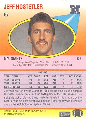 1990 Fleer Football #67 Jeff Hostetler RC Rookie Card New York Giants Official NFL Trading Card From Fleer