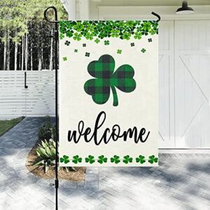 St Patricks Day Shamrock Garden Flag,Green Plaid Four Leaf Clover Printed Flag Garden and Home Decorations 12.5x18Inches (Garden Flag-Green Clover)