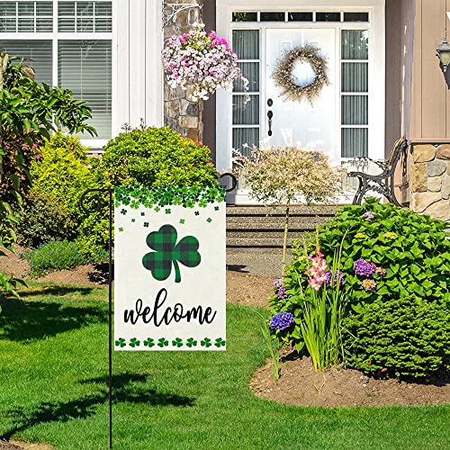 St Patricks Day Shamrock Garden Flag,Green Plaid Four Leaf Clover Printed Flag Garden and Home Decorations 12.5x18Inches (Garden Flag-Green Clover)