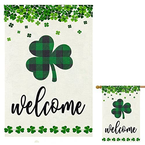 St Patricks Day Shamrock Garden Flag,Green Plaid Four Leaf Clover Printed Flag Garden and Home Decorations 12.5x18Inches (Garden Flag-Green Clover)