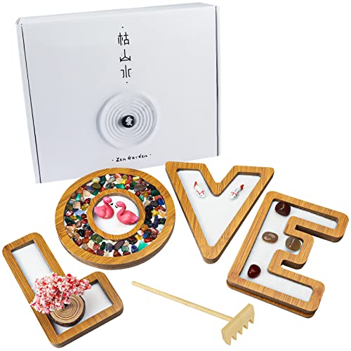 Melonva I Love You Gifts for Him Her L O V E 6" x 6" 4Pcs Mini Japanese Zen Garden for Desk with White Sand Accessories Father's Anniversary Decor Sand Garden Kit for Office