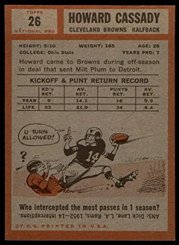 1962 Topps # 26 Howard Cassady Cleveland Browns-FB (Football Card) EX/MT Browns-FB Ohio St