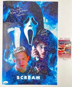 neve campbell matthew lillard roger l jackson signed 12×18 holographic poster autograph scream jsa