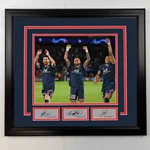 framed lionel messi, neymar jr. and kylian mbappe facsimile laser engraved signatures psg 19×21 soccer photo