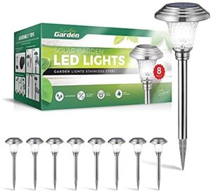 signature garden solar garden lights – auto on/off outdoor bright solar pathway lights – all-weather/waterproof outdoor solar lights for yard, garden, or driveway (8-pack, stainless steel silver)