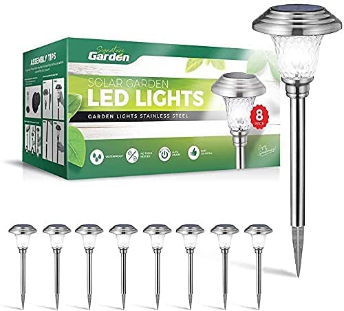 Signature Garden Solar Garden Lights - Auto On/Off Outdoor Bright Solar Pathway Lights - All-Weather/Waterproof Outdoor Solar Lights for Yard, Garden, or Driveway (8-Pack, Stainless Steel Silver)