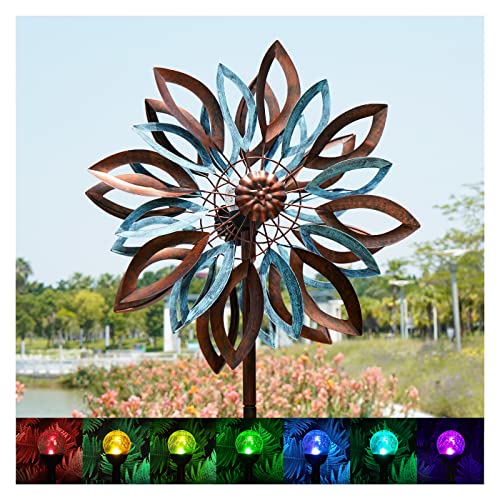 Cyan Oasis Yard Garden Wind Spinners with Solar Lights, Large Outdoor Metal Wind Spinners, Lawn Yard Art Garden Decor (22" W x 87" H)