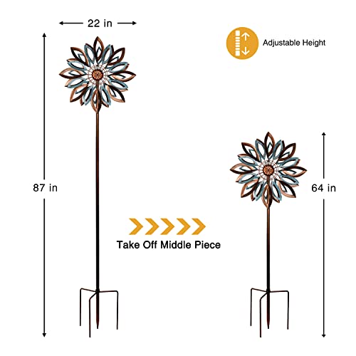 Cyan Oasis Yard Garden Wind Spinners with Solar Lights, Large Outdoor Metal Wind Spinners, Lawn Yard Art Garden Decor (22" W x 87" H)