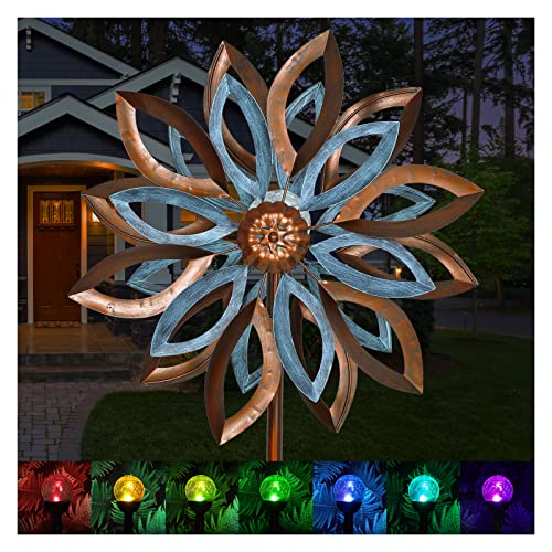 Cyan Oasis Yard Garden Wind Spinners with Solar Lights, Large Outdoor Metal Wind Spinners, Lawn Yard Art Garden Decor (22" W x 87" H)