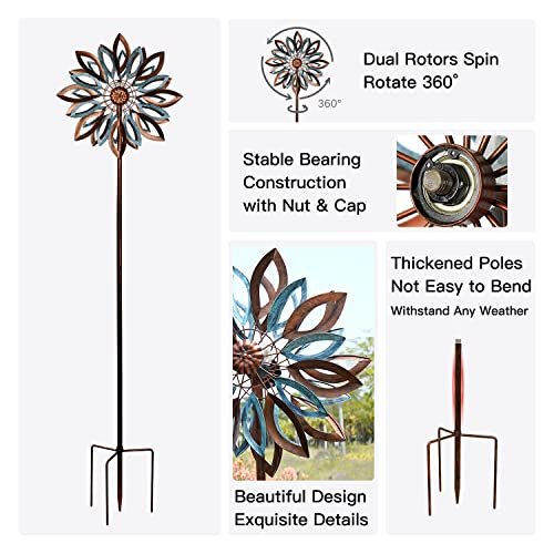 Cyan Oasis Yard Garden Wind Spinners with Solar Lights, Large Outdoor Metal Wind Spinners, Lawn Yard Art Garden Decor (22" W x 87" H)