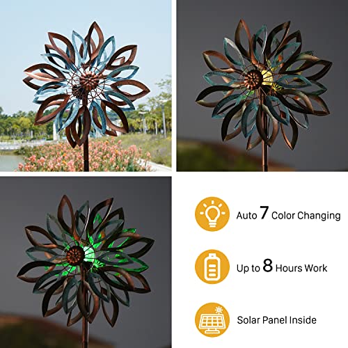 Cyan Oasis Yard Garden Wind Spinners with Solar Lights, Large Outdoor Metal Wind Spinners, Lawn Yard Art Garden Decor (22" W x 87" H)