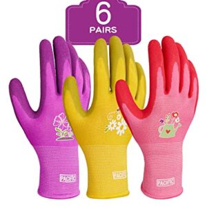 PACIFIC PPE 6 Pairs Gardening Gloves for women and Ladies, Rubber Coated Garden Gloves, Outdoor Protective Work Gloves, Medium Size fits Most, Purple & Yellow & Red