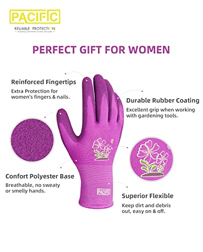 PACIFIC PPE 6 Pairs Gardening Gloves for women and Ladies, Rubber Coated Garden Gloves, Outdoor Protective Work Gloves, Medium Size fits Most, Purple & Yellow & Red