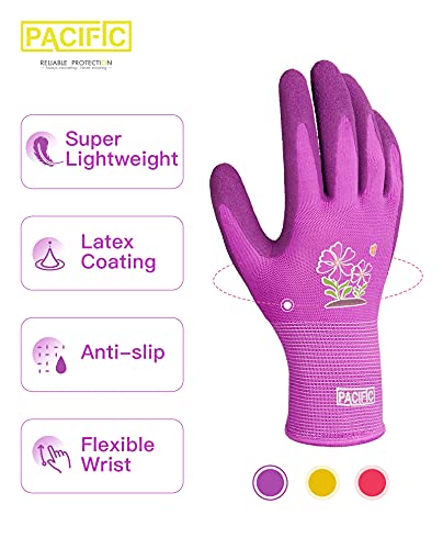 PACIFIC PPE 6 Pairs Gardening Gloves for women and Ladies, Rubber Coated Garden Gloves, Outdoor Protective Work Gloves, Medium Size fits Most, Purple & Yellow & Red