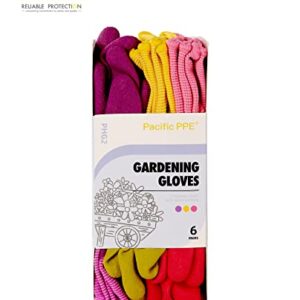 PACIFIC PPE 6 Pairs Gardening Gloves for women and Ladies, Rubber Coated Garden Gloves, Outdoor Protective Work Gloves, Medium Size fits Most, Purple & Yellow & Red