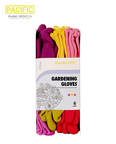 PACIFIC PPE 6 Pairs Gardening Gloves for women and Ladies, Rubber Coated Garden Gloves, Outdoor Protective Work Gloves, Medium Size fits Most, Purple & Yellow & Red