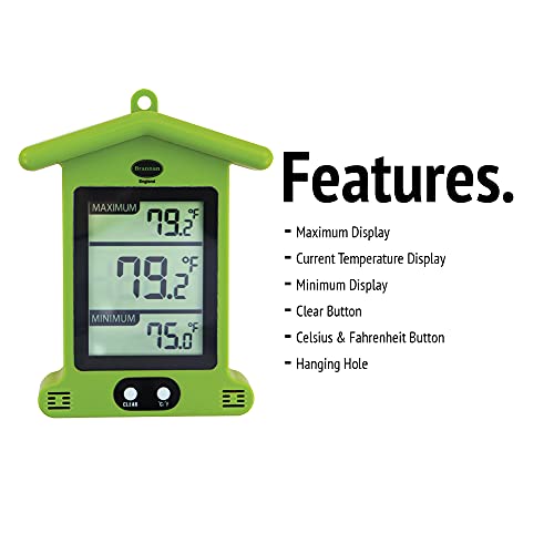 Brannan Digital Green Greenhouse Thermometer – Stylish Weatherproof Max Min Thermometer to Monitor Maximum and Minimum Temperatures In a Garden Greenhouse Indoor Room Home Growroom Easily Wall Mounted