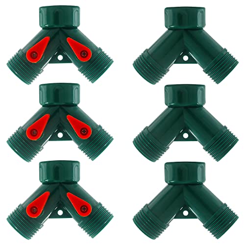 Rierdge 6 Pcs 2 Way Hose Adapter Y Valve Garden Hose Connector Non Rust Spigot Faucet Adapter, 3/4 Garden Hose Y Connectors Plastic Hose Splitter with Faucet Watering Shut Off Valves (Green)