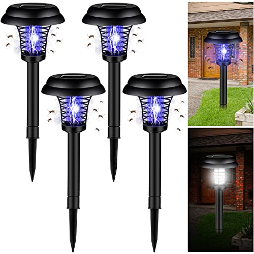 4 Pcs Solar Bug Zapper Waterproof Outdoor Mosquito Zapper Mosquito Killer and Lighting Mosquito Repellent Lamp for Indoor Outdoor Use Garden Patio, Purple and White Light (Black, Plastic)