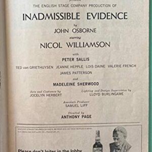 Nicol Williamson Playbill from Inadmissible Evidence starring Nicol Williamson Peter Sallis Madeleine Sherwood Lawrence Linville aka (Larry Linville) of Mash Fame was an understudy in this Production Written by John Osborne